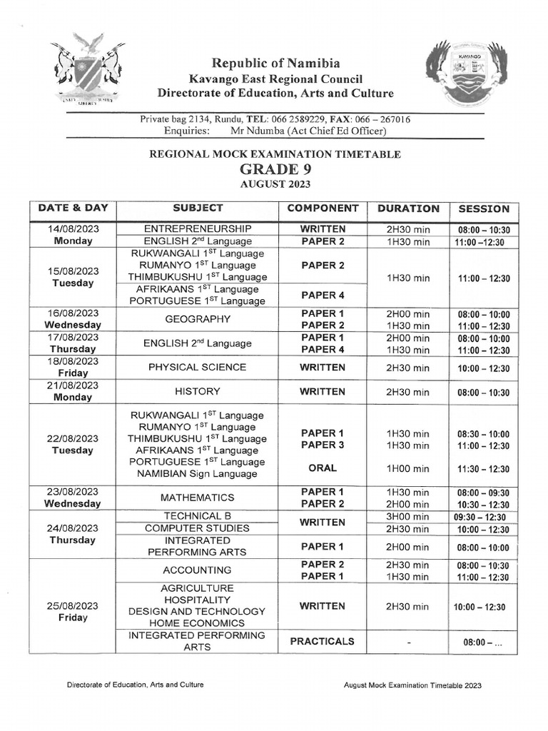 Grade 9 Timetable August 2023 | PDF