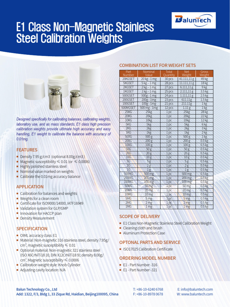 Data Sheet E1 Class Stainless Steel Calibration Weights | PDF ...