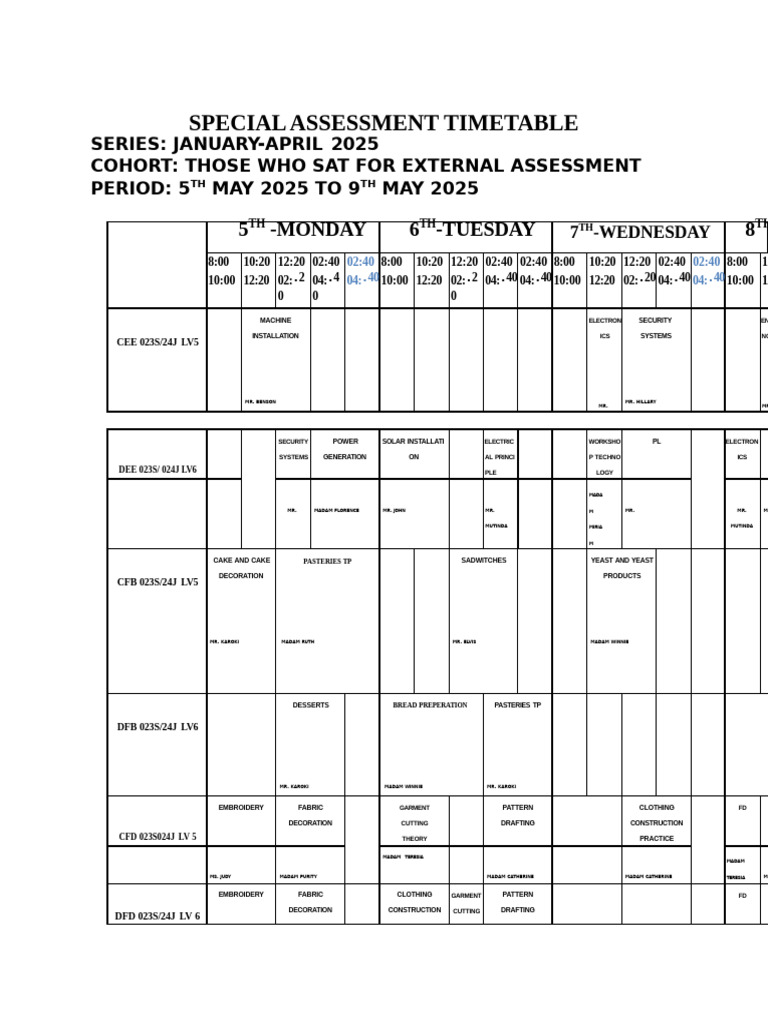 Special and Supplementary Assessment Timetable | PDF