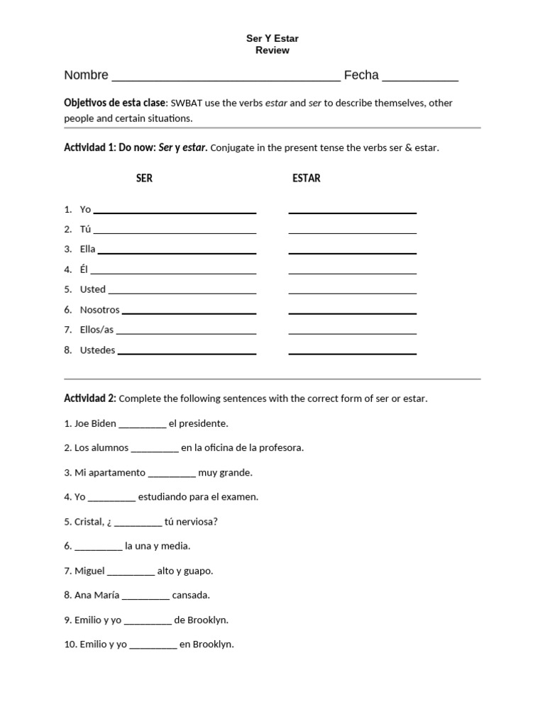 Ser & Estar Review Worksheet | PDF