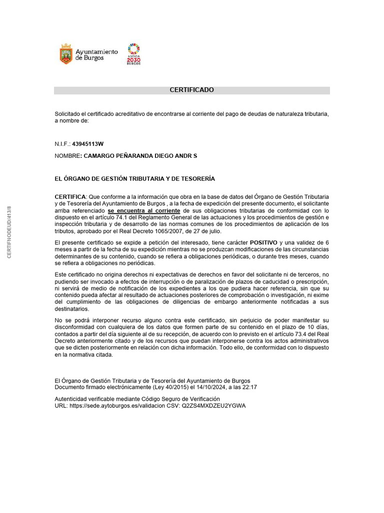 Certificado: 43945113W: Camargo Peñaranda Diego Andr S | PDF | Estatuto de limitaciones | Justicia