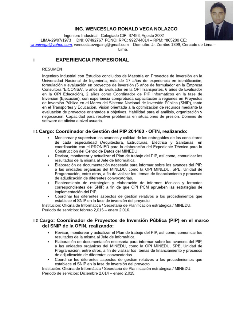 CV Ronald Vega Enero16-F-T | PDF | Planificación estratégica ...