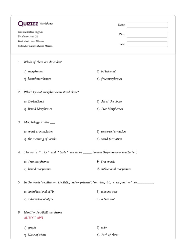 Communicative English - Quizizz | PDF | Morphology (Linguistics) | Word