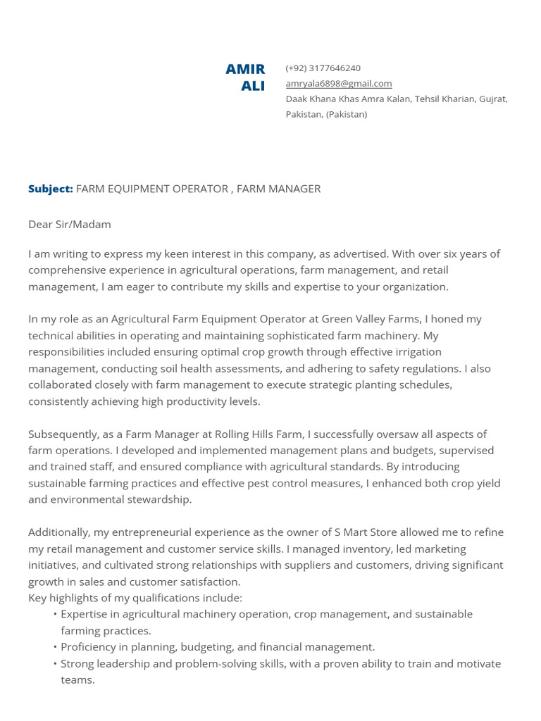 AMIR ALI Cover Letter Agriculture 1 | PDF | Agriculture | Agricultural ...