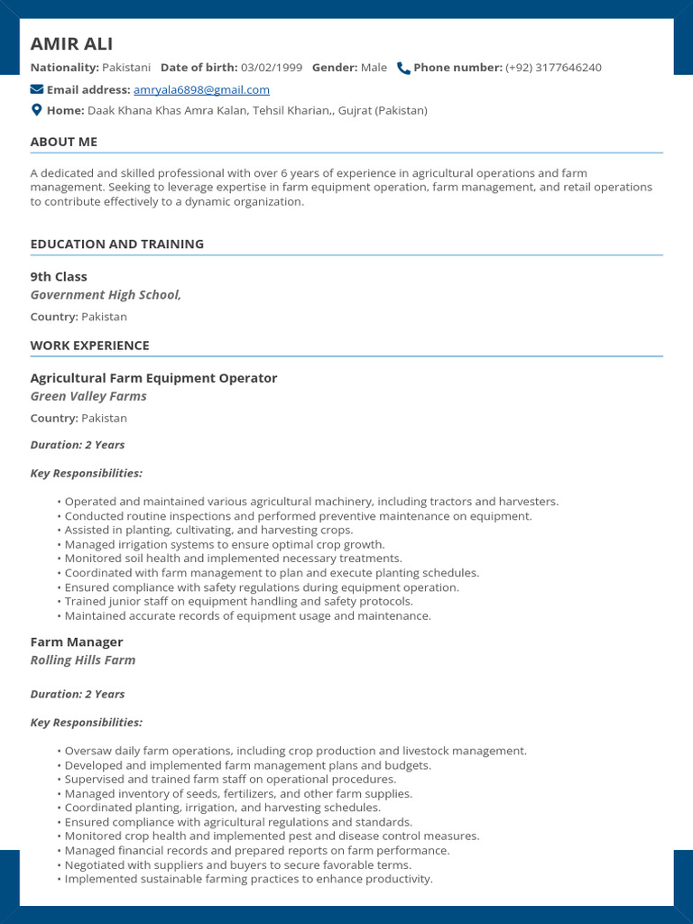 Amir Ali Agricultural Ats CV | PDF | Agricultural Machinery | Farms