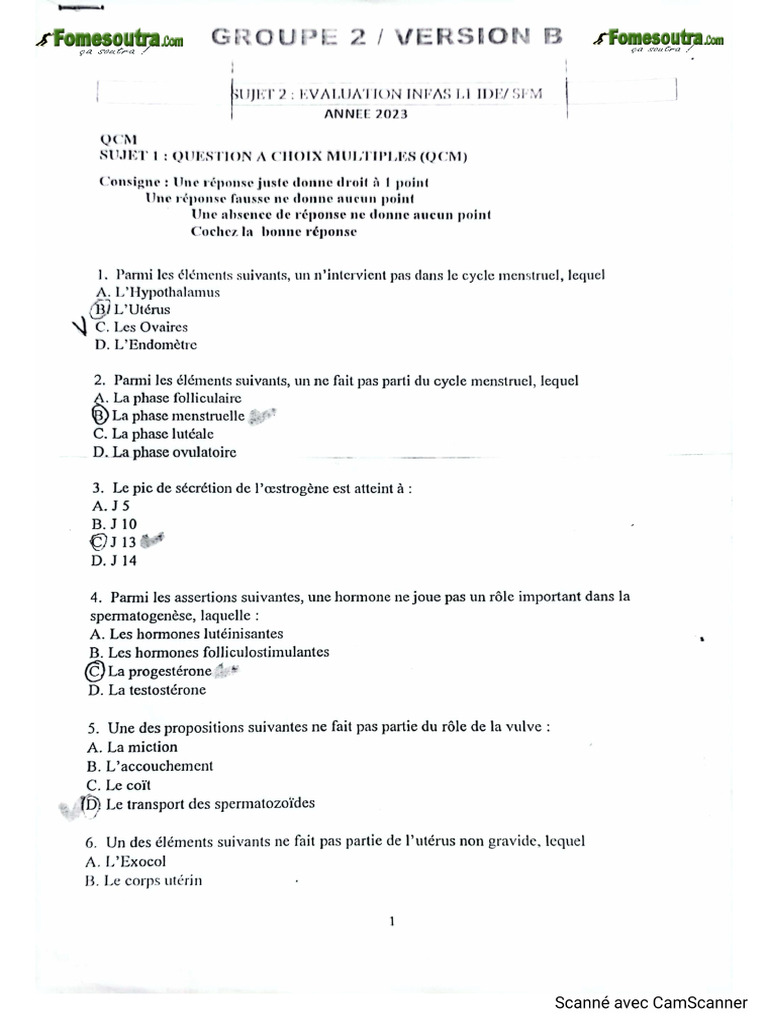 Sujet+correction Gynéco Groupe 2 INFAS L1 | PDF