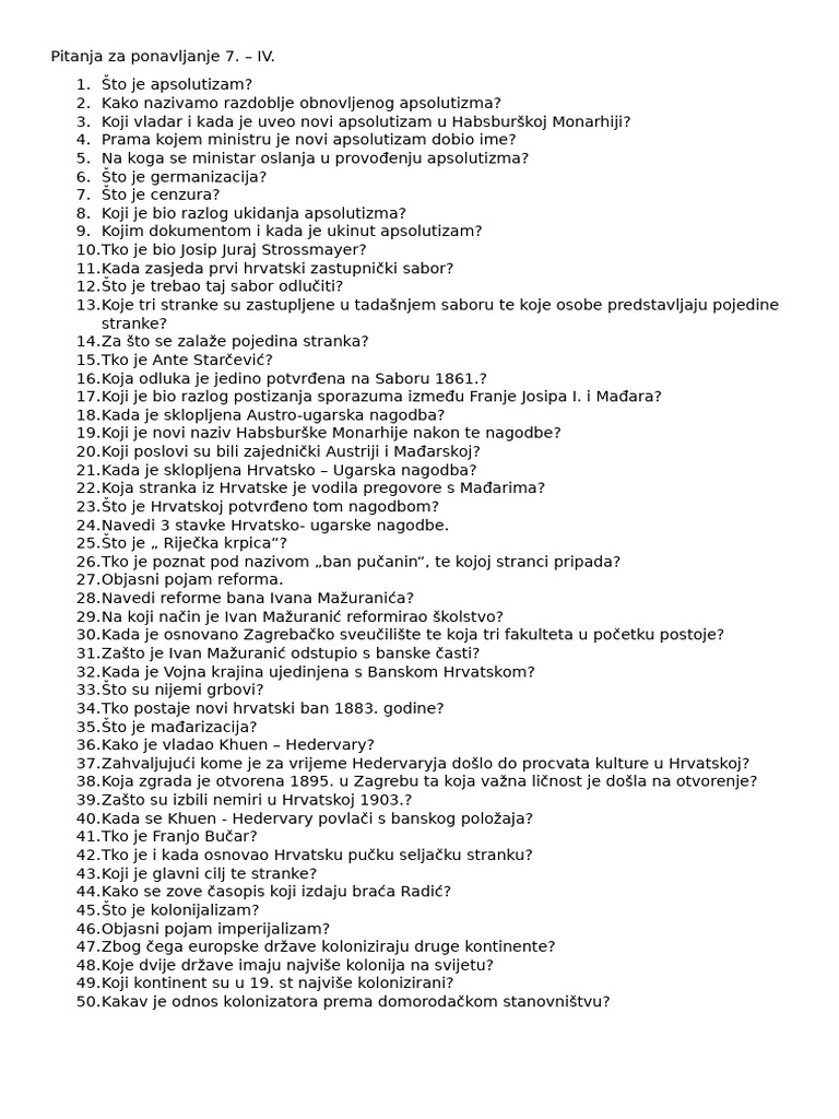 Pitanja za ponavljanje 7 - IV | PDF