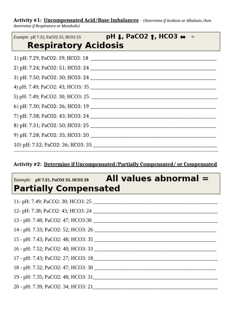 Acid Base PRACTICE ACTIVITY With Answers | PDF | Bicarbonate | Medical ...