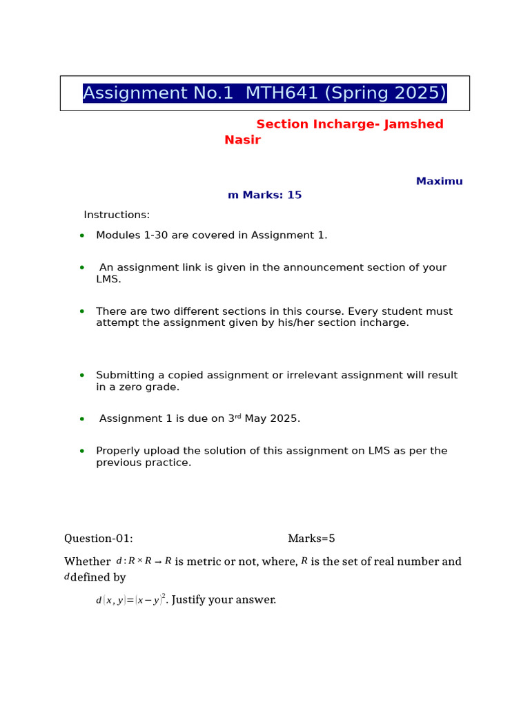 Assignment 01 (Spring 2025) (Section Incharge Jamshed Nasir) | PDF