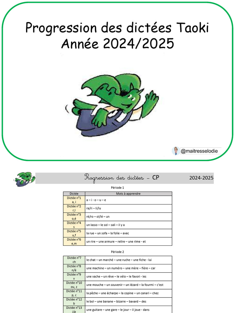 Fichier Enseignant Dictée CP Taoki. Période 1 Et 2 | PDF