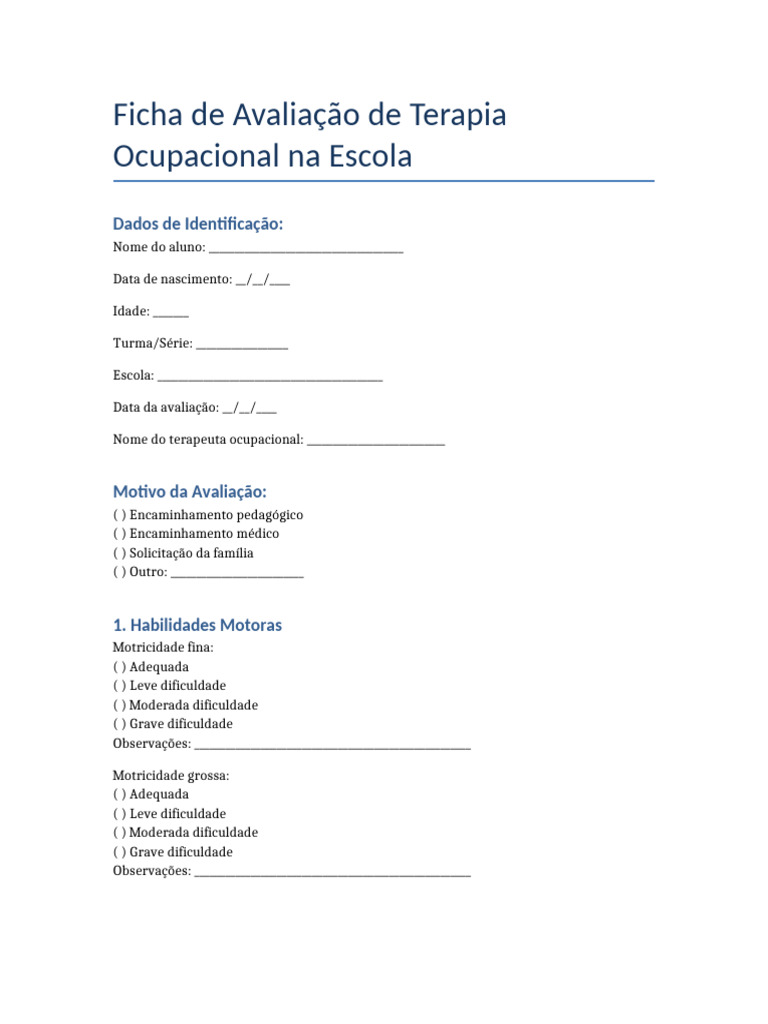 Ficha Avaliacao Terapia Ocupacional Escola | PDF