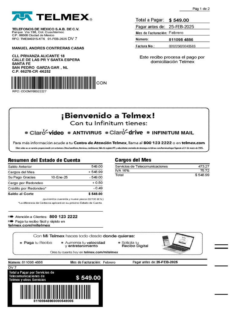 Telmex - Recibo Feb 2025 | PDF