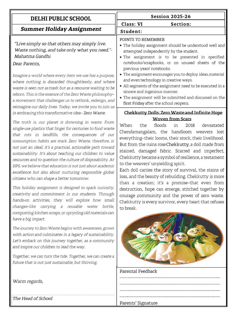 Summer Holiday Assignment Class VI 202526 | PDF
