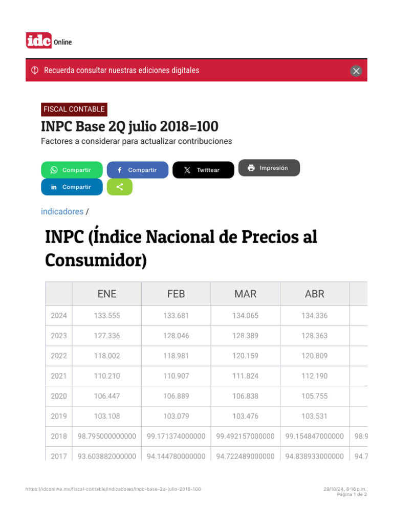 INPC - Índice Nacional de Precios Al Consumidor - IDC | PDF