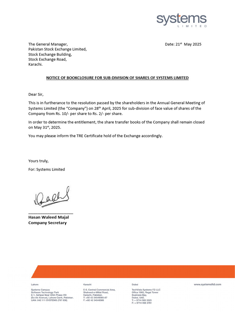 SYS-Systems Limited NOTICE OF BOOKCLOSURE FOR SUB-DIVISION OF SHARES OF ...