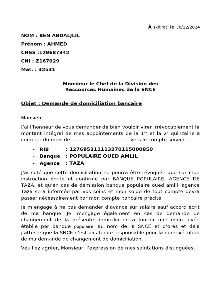 Demande de Domiciliation Bancaire | PDF