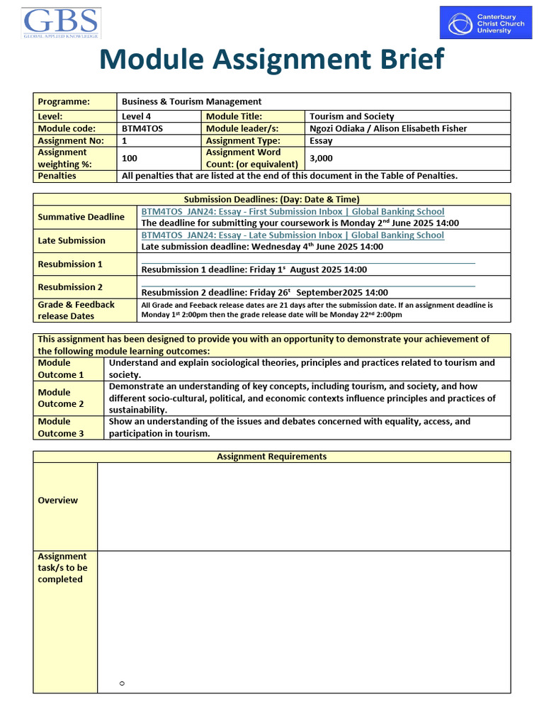 Level 4 Module 3 Tourism and Society Assignment Brief Jan 24 | PDF ...