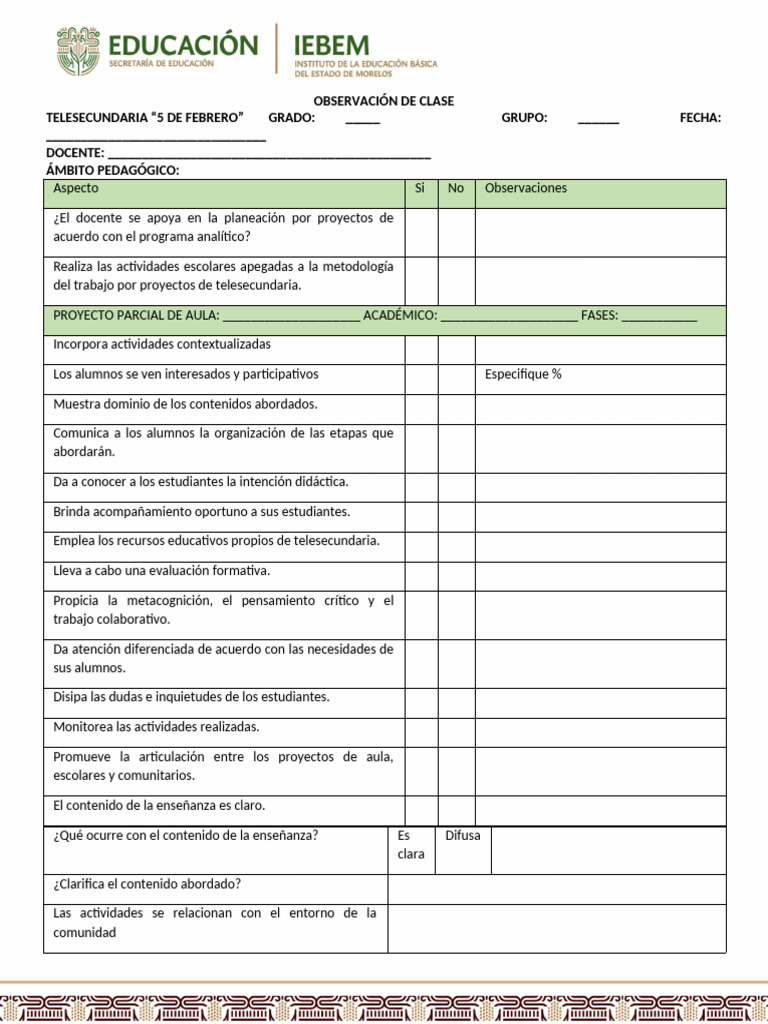 Formato de Observación de Clase | PDF | Enseñando | Salón de clases