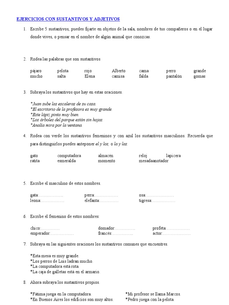 Ejercicios Con Sustantivos y Adjetivos