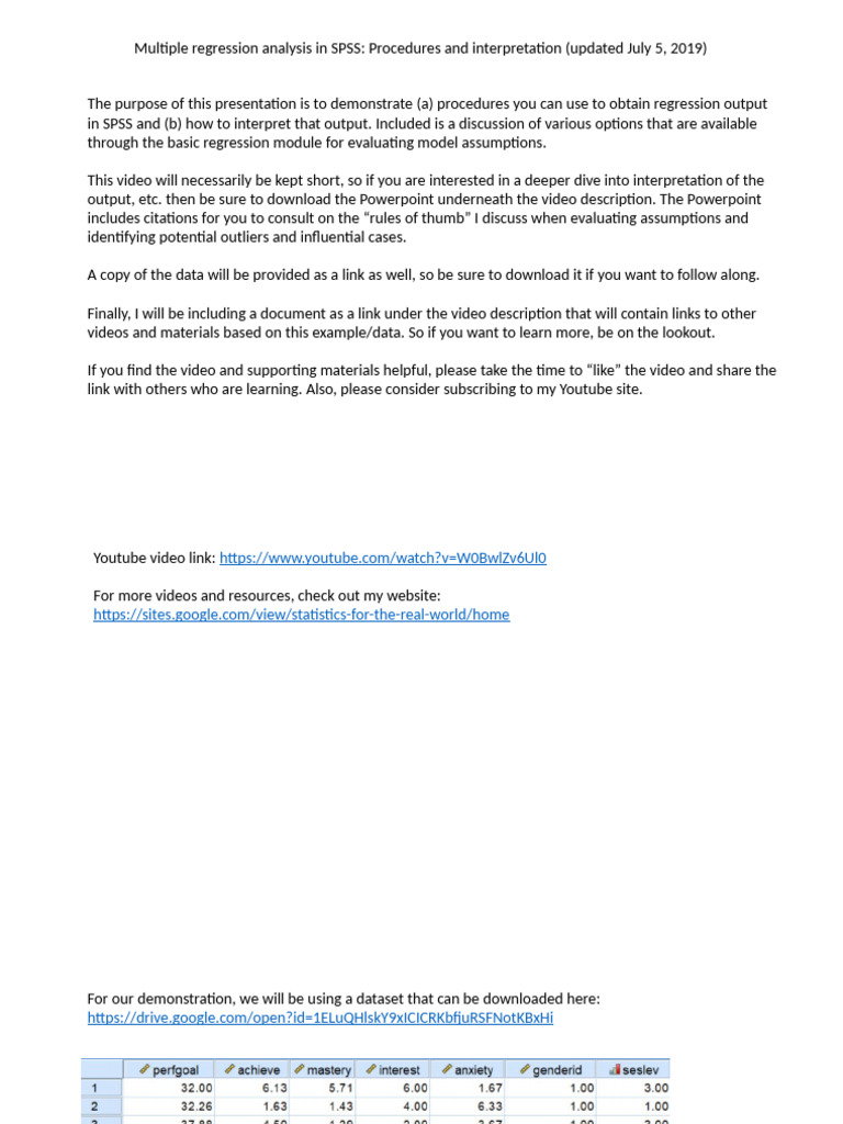 Running and Interpreting Multiple Regression in SPSS (Includes Review of Assumptions) | PDF ...