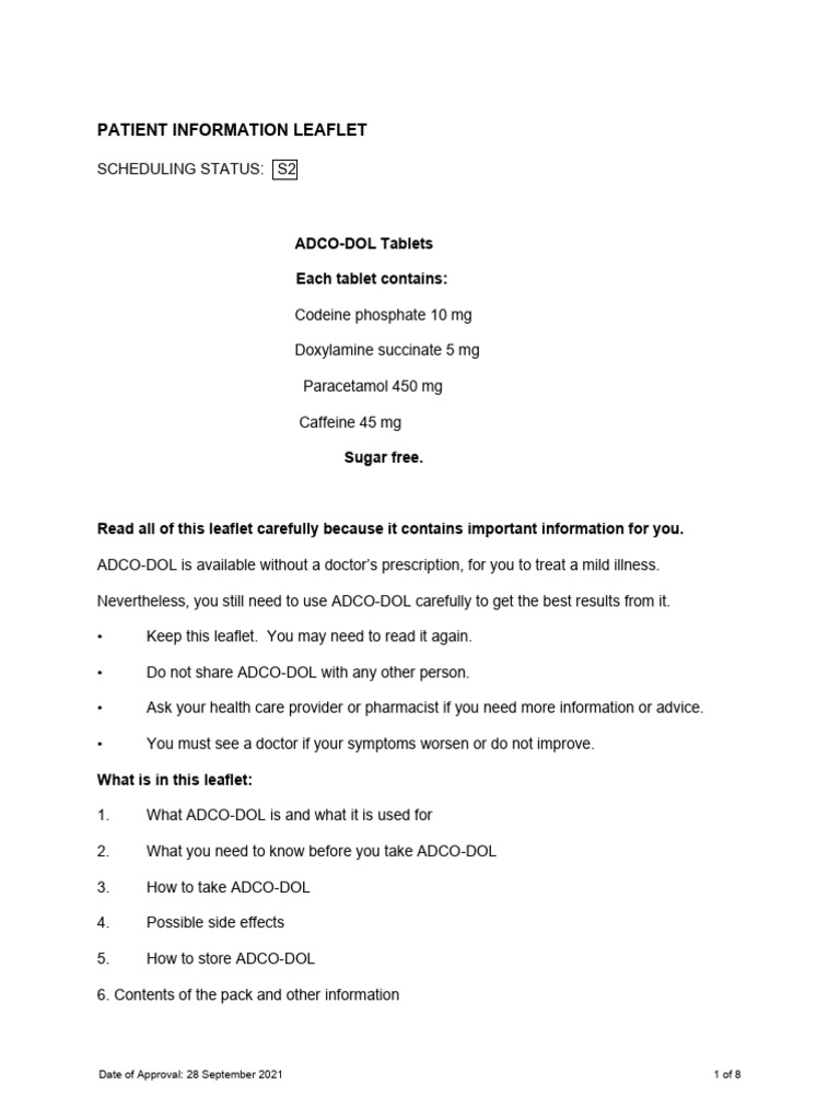 ADCO-DOL Tablets: Uses and Ingredients | PDF | Drug Overdose | Dose ...