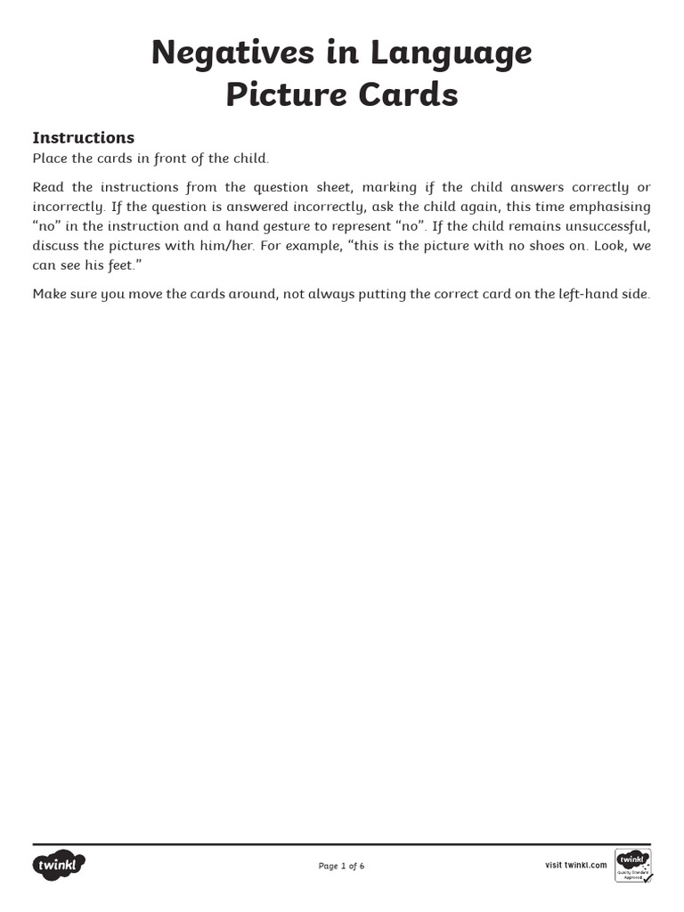 Language Negatives Picture Card Activity | PDF