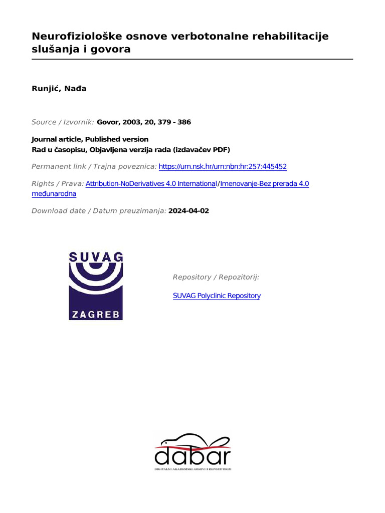 Runjic 2003 Neurofizioloske - Osnove - Verbotonalne - Rehabilitacije - Slusanja Suvag - 57 ...