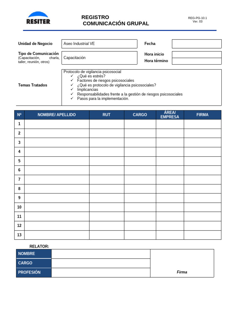 REG-PG-10.1 Registro de Comunicación Grupal V. 03 CAPACITACION PSICO | PDF