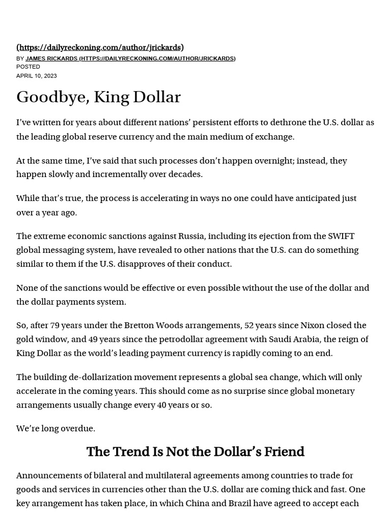 Goodbye, King Dollar - The Daily Reckoning | PDF | United States Dollar ...