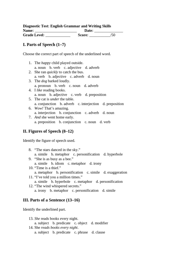 English Grammar Diagnostic Test | PDF | Adverb | Verb