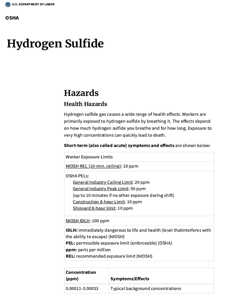 Hydrogen Sulfide: Hazards | PDF | Occupational Safety And Health Administration | Occupational ...