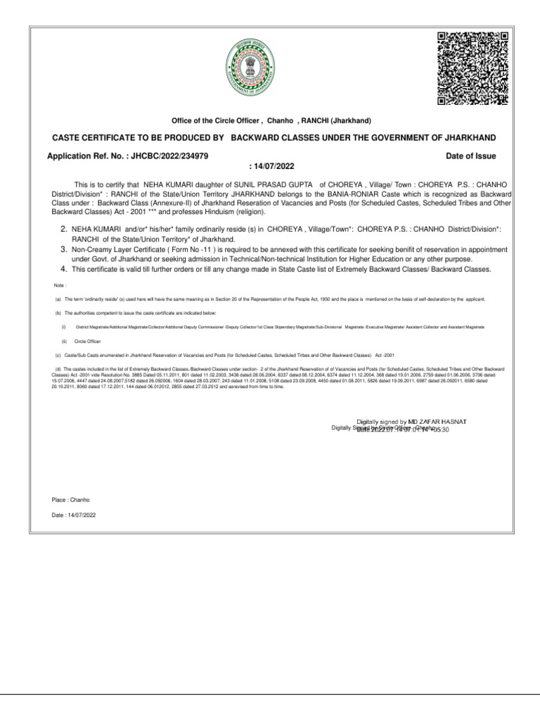 Caste Certificate for Neha Kumari | PDF | Politics Of India ...