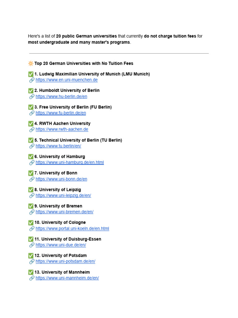 Top 20 Tuition-Free Public Universities in Germany | PDF