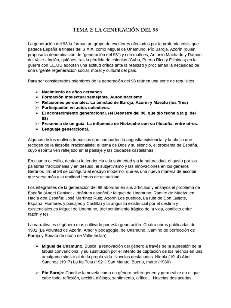 Tema 2 - La Generación Del 98 - 231023 - 182233 | PDF