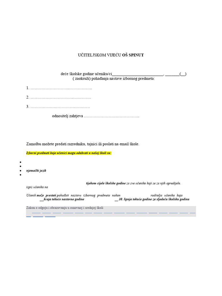 Obrazac Za Upis I Ispis Učenika - Izborna Nastava NN | PDF