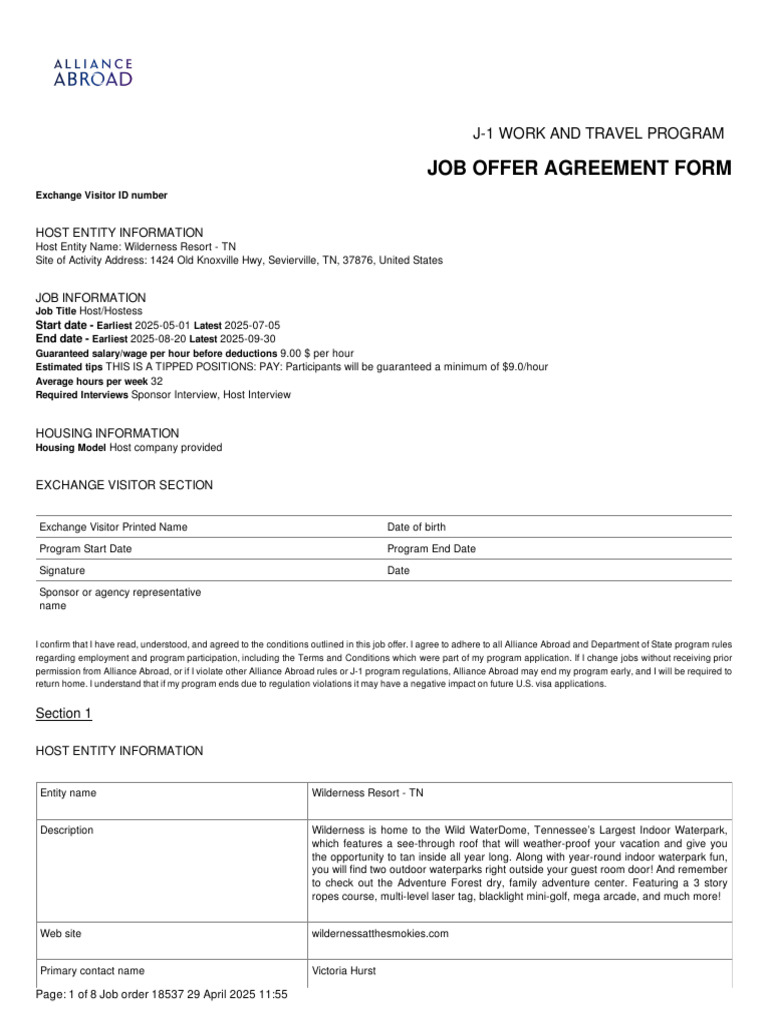 Offer Letter - 18537 - Wilderness Resort - TN - Host - Hostess | PDF ...