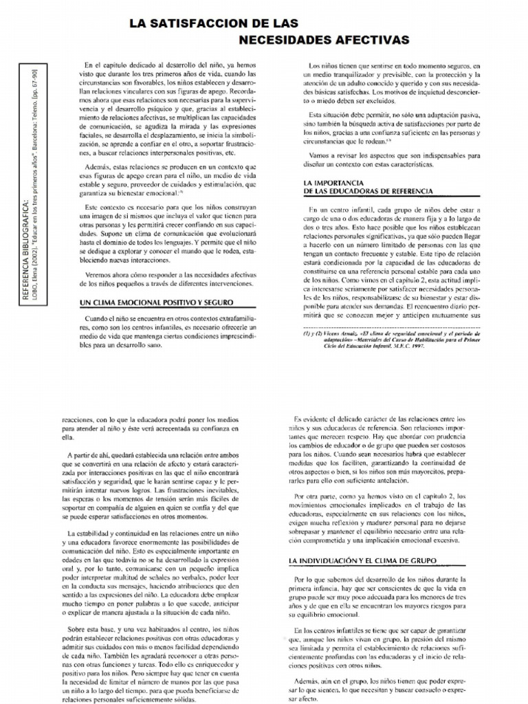 LOBO. E. La Satisfaccion de Las Necesidades Afectivas (Educar en Los Tres Primeros Años Cap.4) | PDF