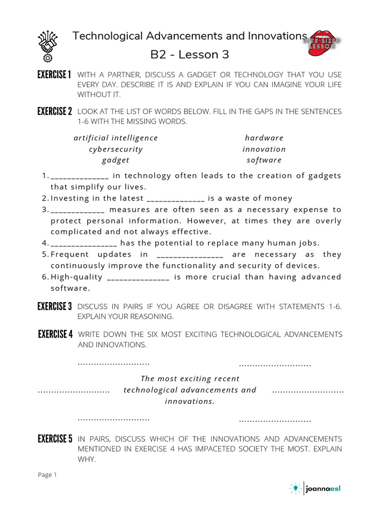 b2 Lesson 3 Technological Advancements and Innovations Worksheet ...