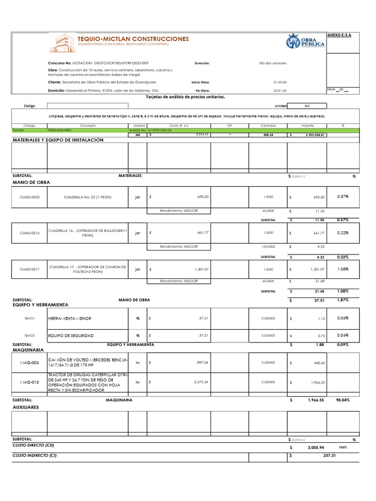 LF-11 Matrices de Precios Unitarios | PDF | Ingeniería de Edificación | Equipo