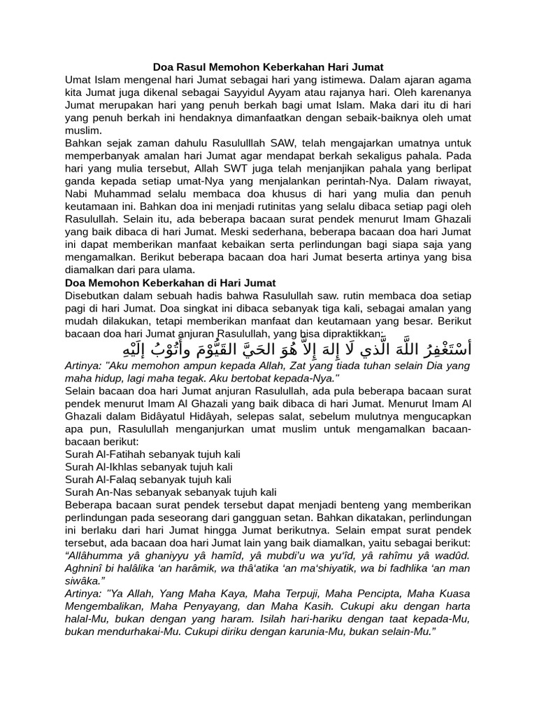 Doa Rasul Memohon Keberkahan Hari Jumat | PDF