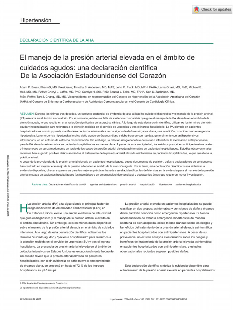 AHA - Hipertensión Arterial (Actualización) en Inglés | PDF ...