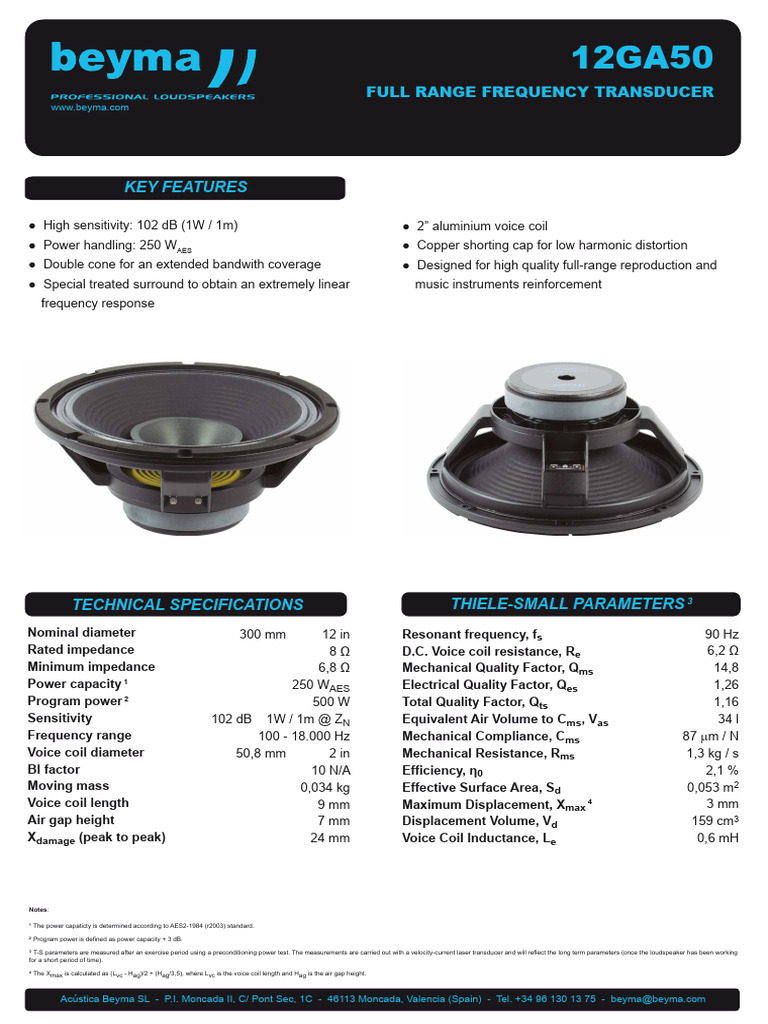 Beyma Speakers Data Sheet Full Range 12GA50 | PDF | Loudspeaker | Inductor