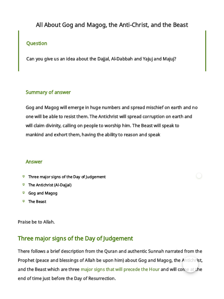 Signs of the Day of Judgement: Dajjal, Beast, Gog | PDF | Islamic ...