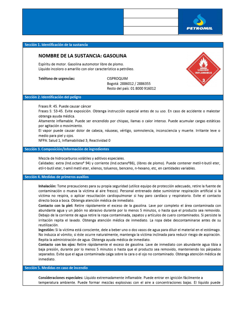 HDS-01 GASOLINA Petromil | PDF | Agua | Combustión