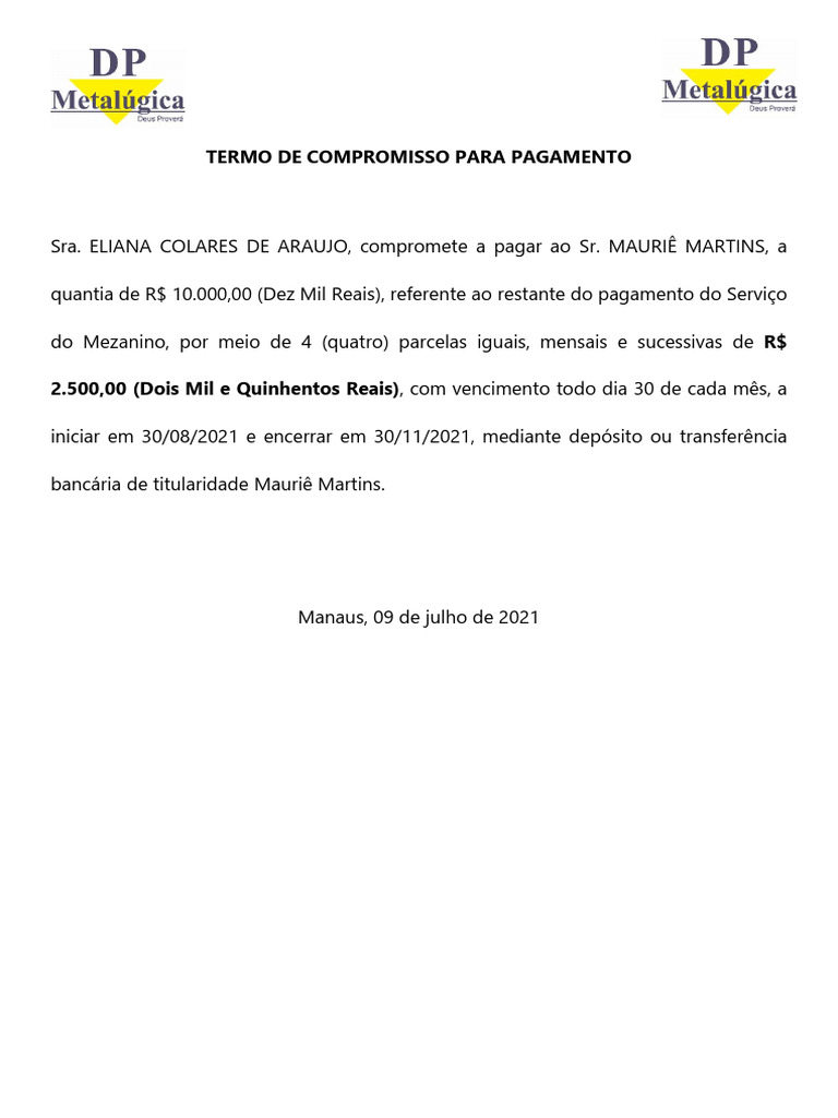 Termo de Compromisso para Pagamento | PDF