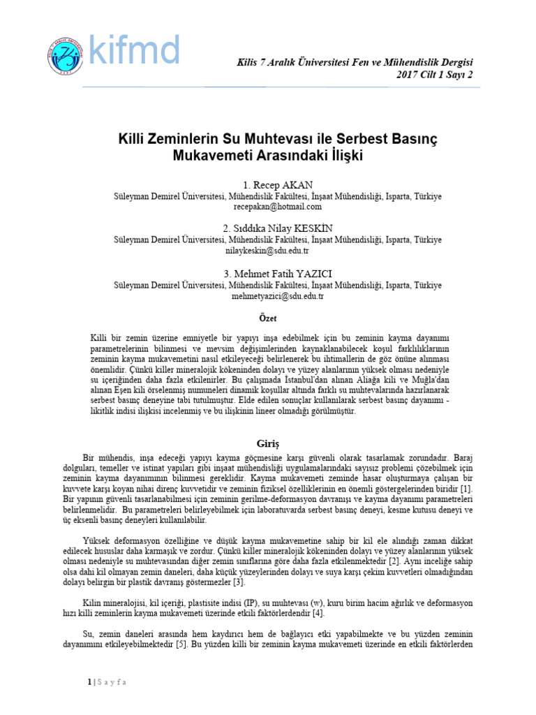 Killi Zeminlerin Su Muhtevas Ile Serbest Bas n Mukavemeti Aras Ndaki Li Ki[#339520]-394648 | PDF