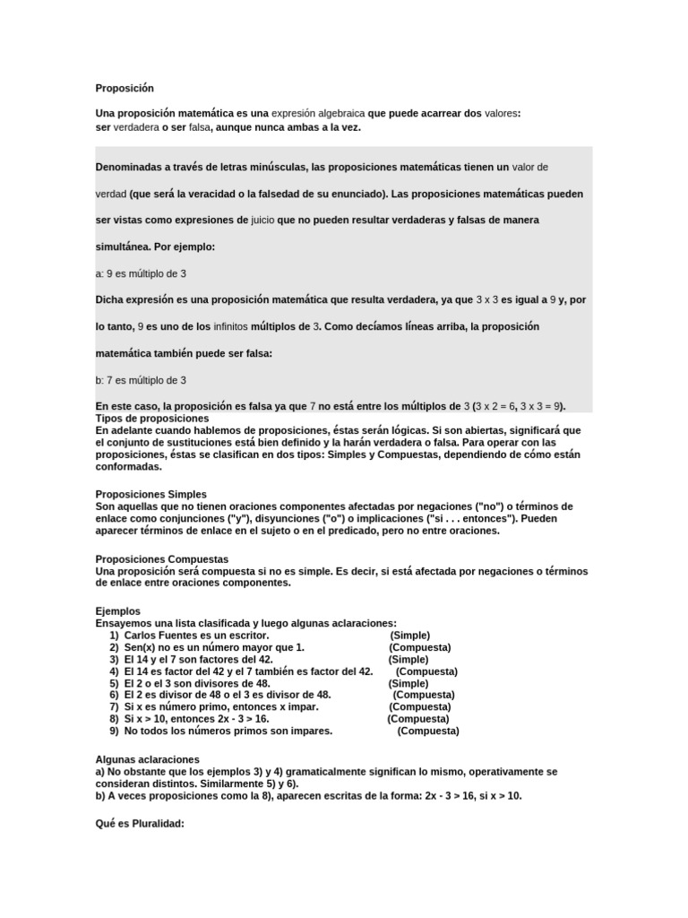 Definición de Proposición Matemática | PDF | Proposición | Oración ...