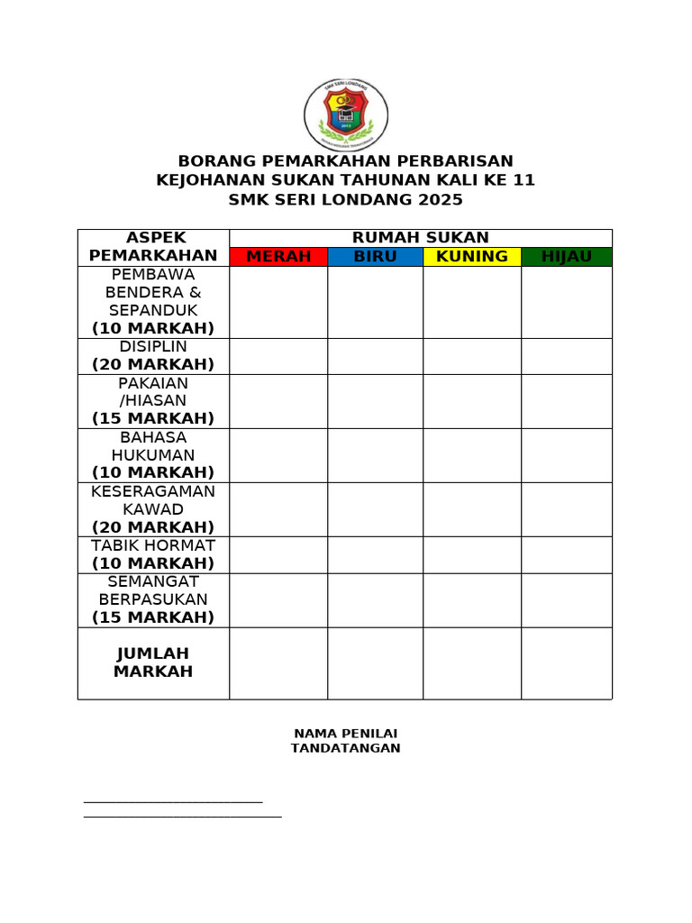 DRAF BORANG PEMARKAHAN PERBARISAN KEJOHANAN SUKAN 2025 | PDF