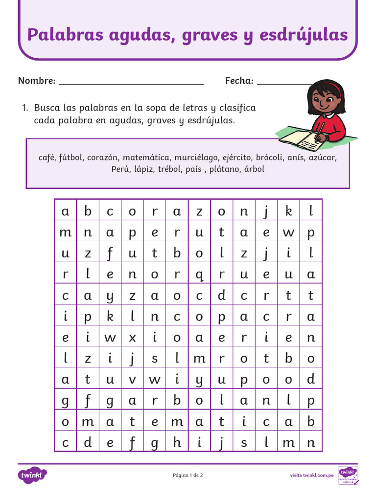 Sopa de letras: Agudas, graves y esdrújulas | PDF | Fonología | Estrés ...