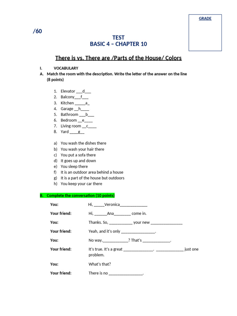 TEST 9 - Housing - There Is - There Are - Colors - B4-Chp 10 | PDF
